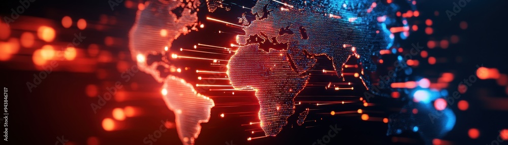 Digital world map with glowing data connections and network nodes ...