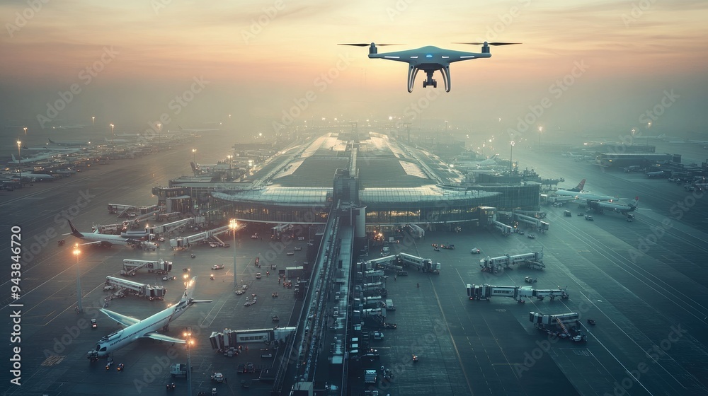 A drone capturing footage of a high-tech airport, where automated ...