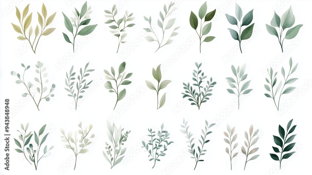 Watercolor hand-drawn illustration of various greenery elements set ...