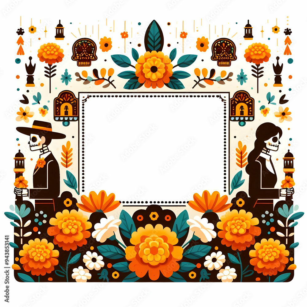 Flat Ofrenda and Marigold Flower Border with Copy Space concept as A ...
