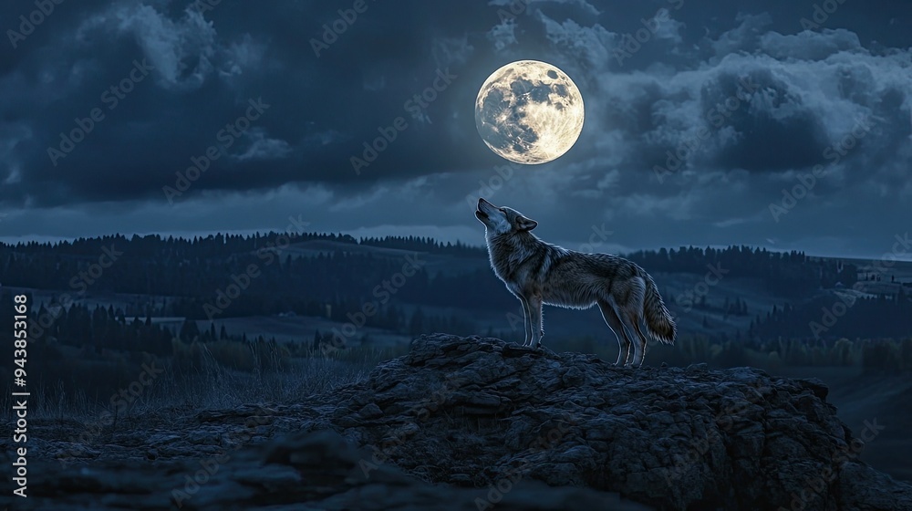 A lone wolf standing on a rocky ridge, howling at the full moon, with ...