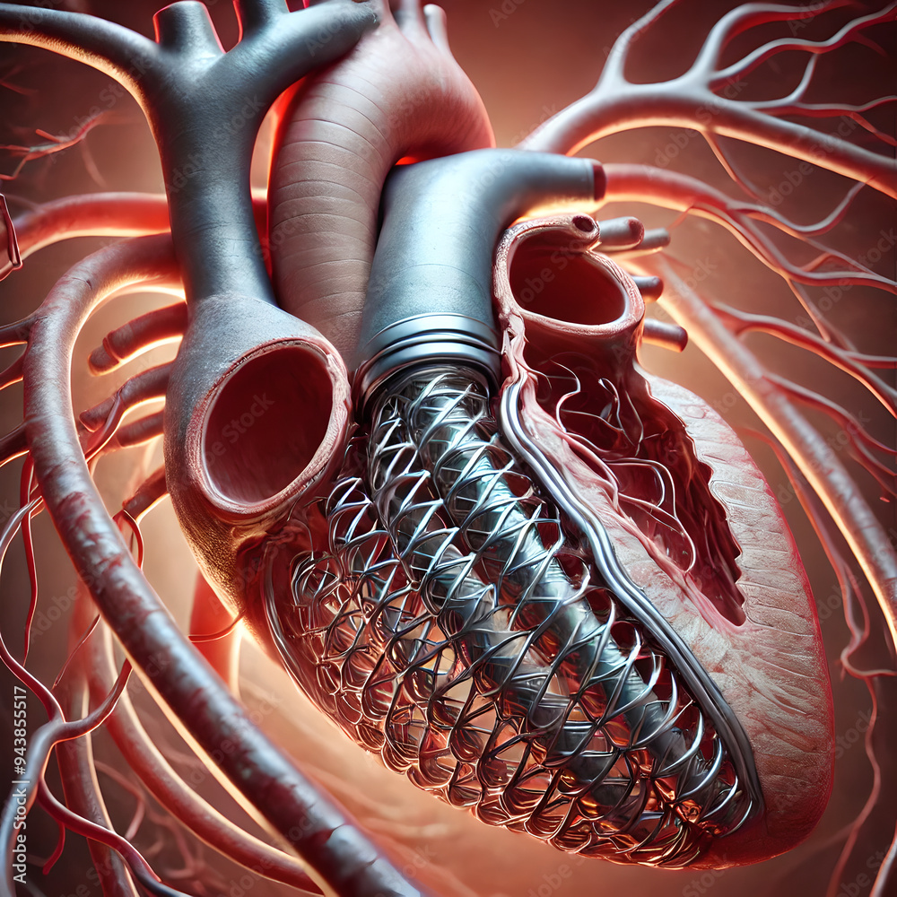 Heart post-angioplasty, showcasing placement stents within coronary ...