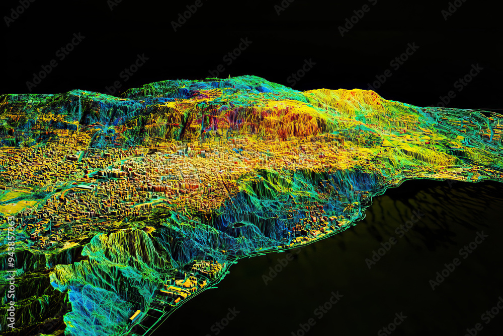 Technical aerial visual, 3D LiDAR GIS aerial map satellite scan model ...