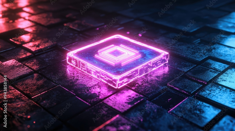 Neon pink and blue web symbol on a sleek black floor, glowing with a ...