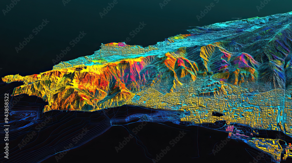 Technical aerial visual, 3D LiDAR GIS aerial map satellite scan model ...