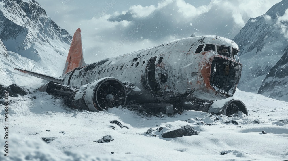 Snow-covered terrain with a plane wreck partially visible. The scene is ...