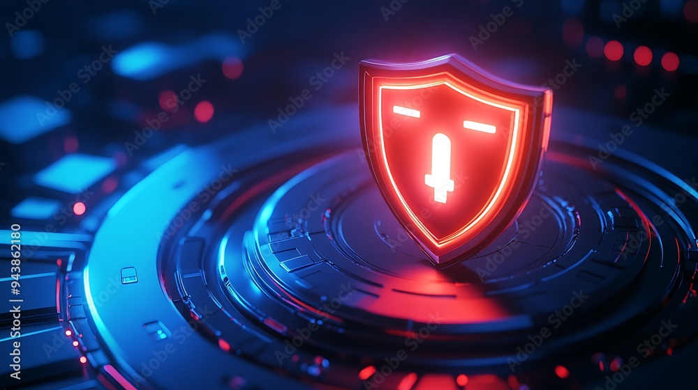 Glowing red shield emblem with a sword on high-tech blue background ...