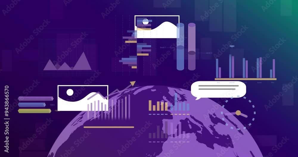Charts and graphs animation over globe with speech bubbles and data visualizations Stock Video ...