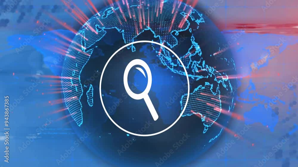 Magnifying glass icon animation over digital globe with data points and ...