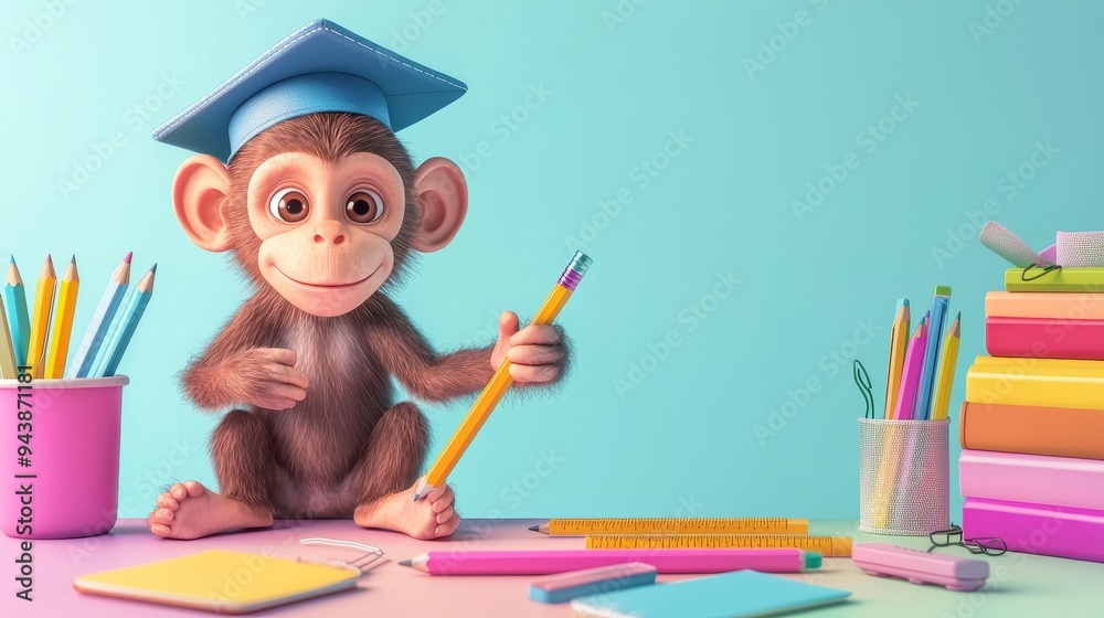 Cute Cartoon Monkey with School Cap and Pencil in Colorful Classroom ...
