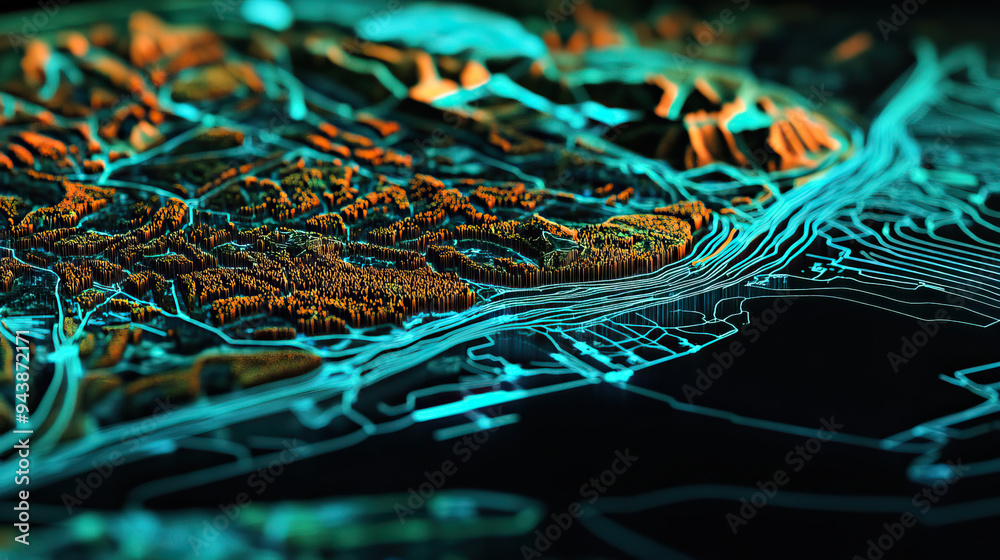 Technical aerial visual, 3D LiDAR GIS aerial map satellite scan model ...