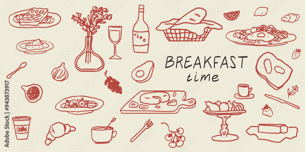 Hand drawn chalk food illustrations set. Sketch style breakfast, lunch ...
