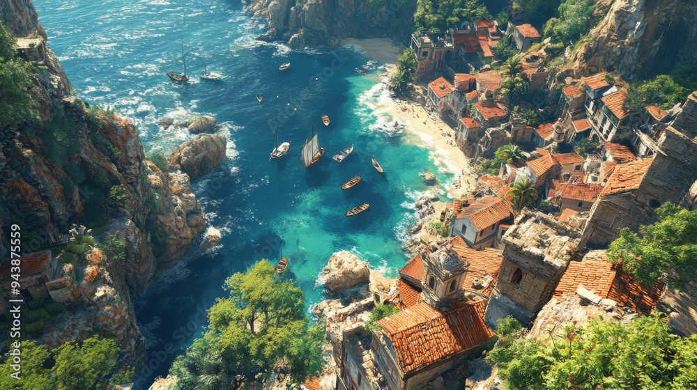 A top-down view of a cliffside village, with narrow streets and ...