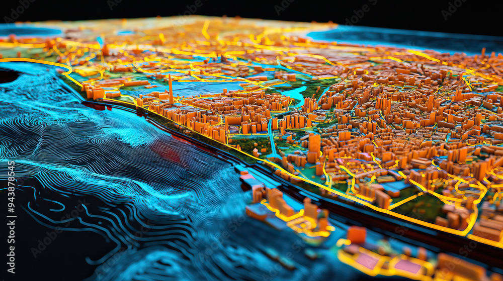Technical aerial visual, 3D LiDAR GIS aerial map satellite scan model ...
