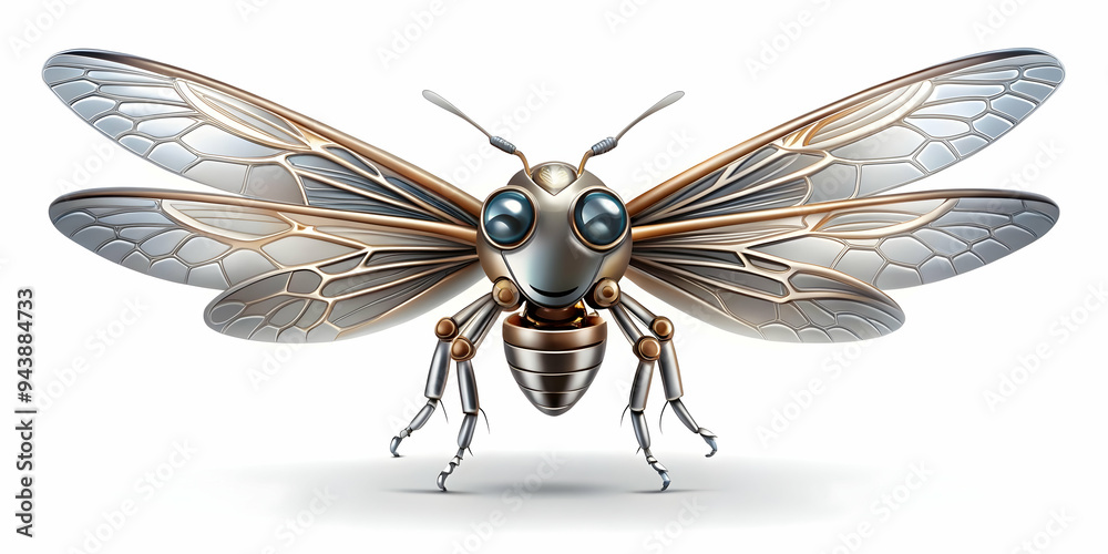 Flat Hovering robotic insect with metallic wings on an isolated white ...