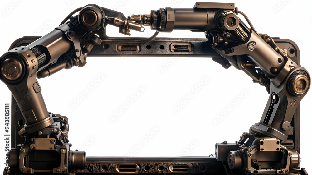 3D Robotic arm border with futuristic tools framing copy space concept ...