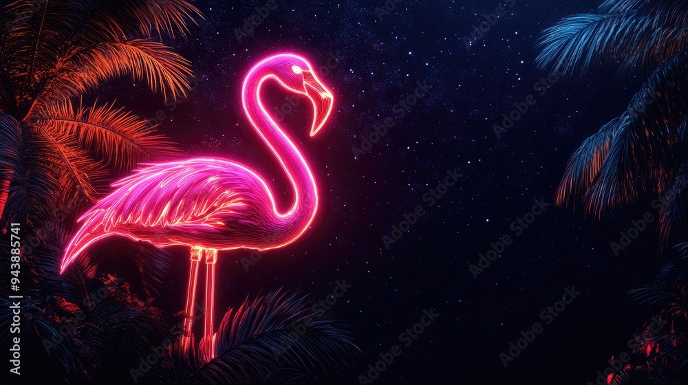 Glowing neon flamingo against a dark sky, with tropical palm fronds ...
