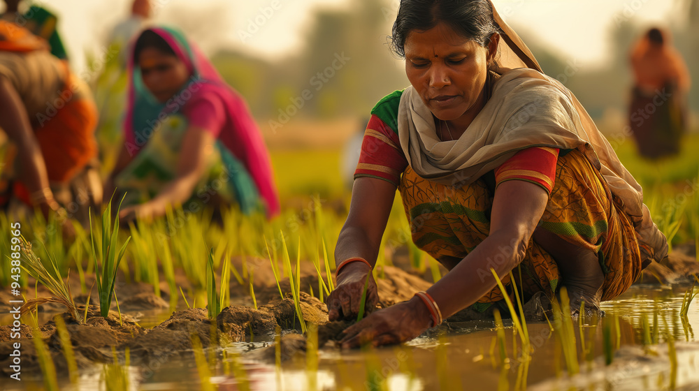 Indian women laborers sowing paddy in rice fields using traditional ...