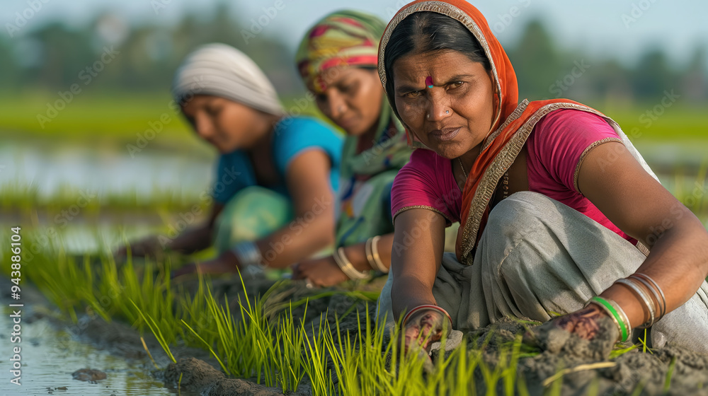Indian women laborers sowing paddy in rice fields using traditional ...