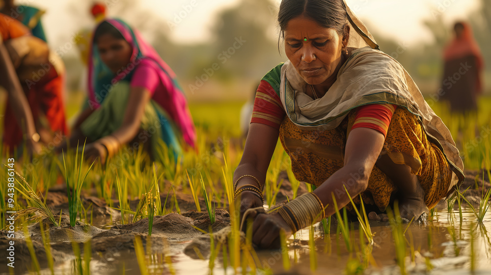 Indian women laborers sowing paddy in rice fields using traditional ...