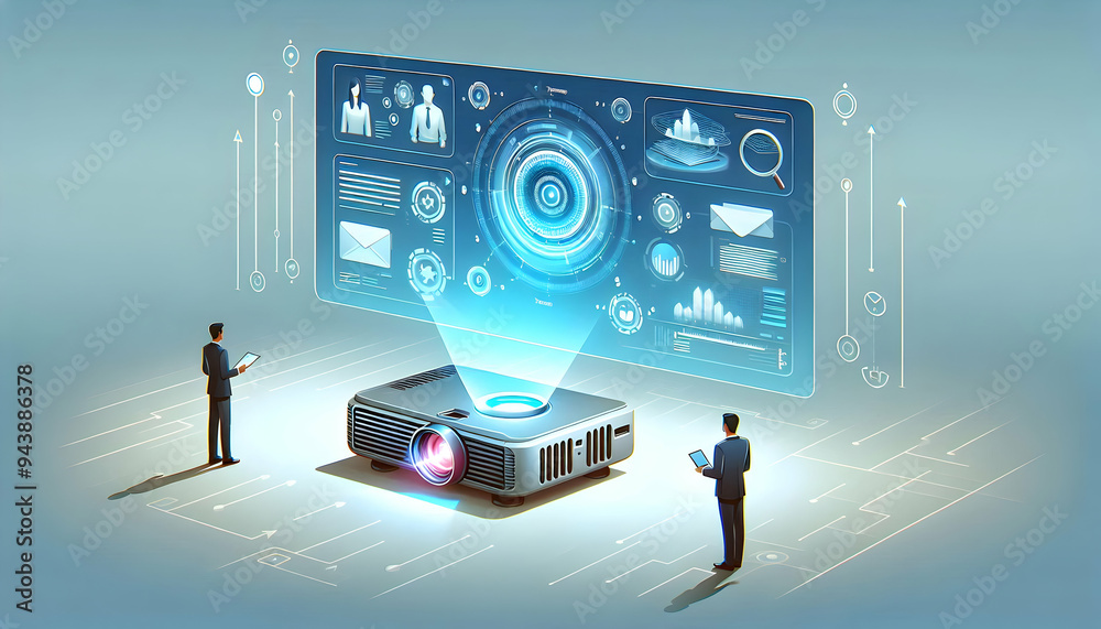 Flat Projector displaying holographic presentation slides concept as A ...