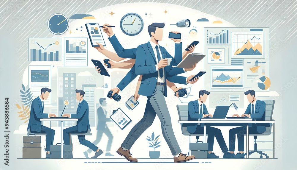 Flat Candid shot of a manager multitasking in a busy office environment ...