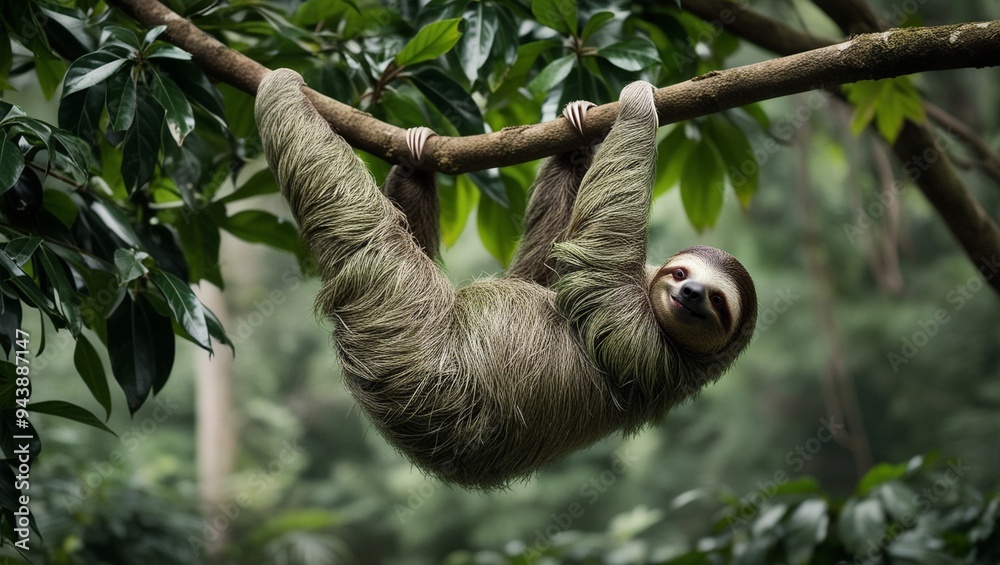 A Sloth Hanging Upside Down from a Tree Branch in a Lush Green Forest ...