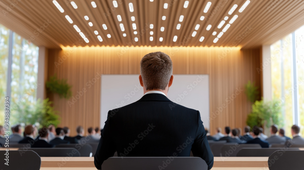 Professional audience engaged in a business presentation in a modern ...