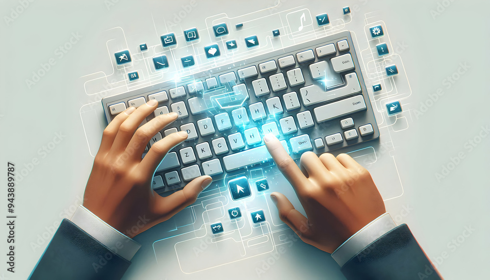Flat Keyboard with holographic shortcuts floating above keys concept as ...