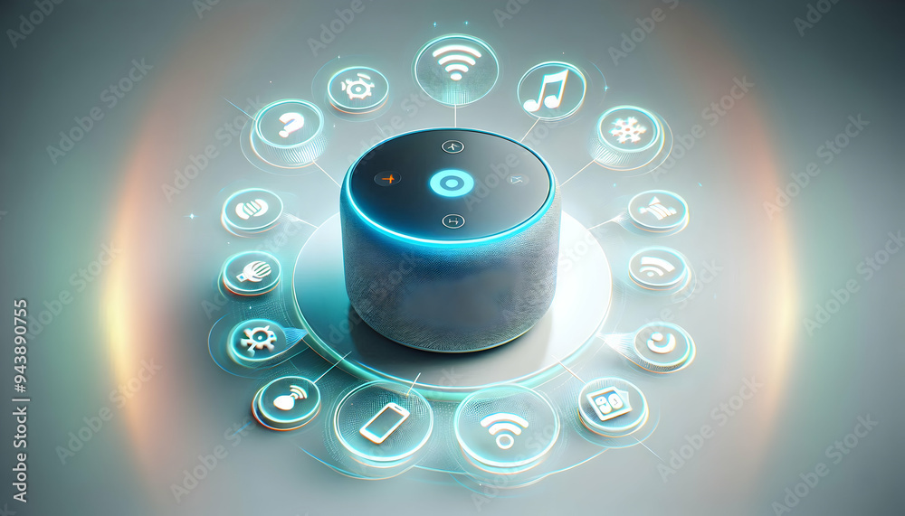 3D Smart home speaker with holographic voice commands floating concept as A smart home speaker ...