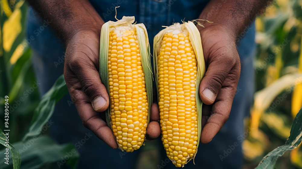 un hombre sosteniendo dos mazorcas de elote recien cosechado en la ...