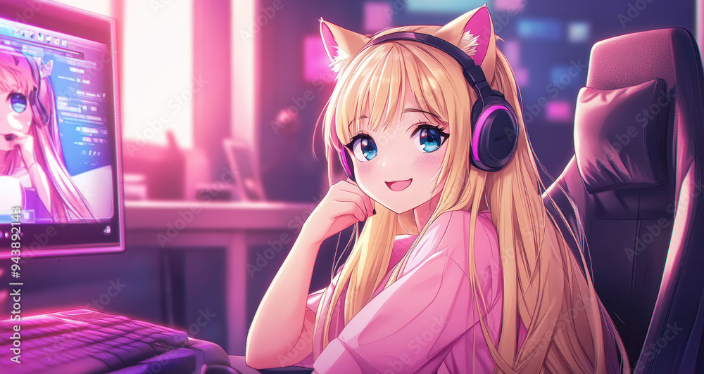 An Anime Girl With Blonde Hair And Cat Ears Wearing Headphones Smiling