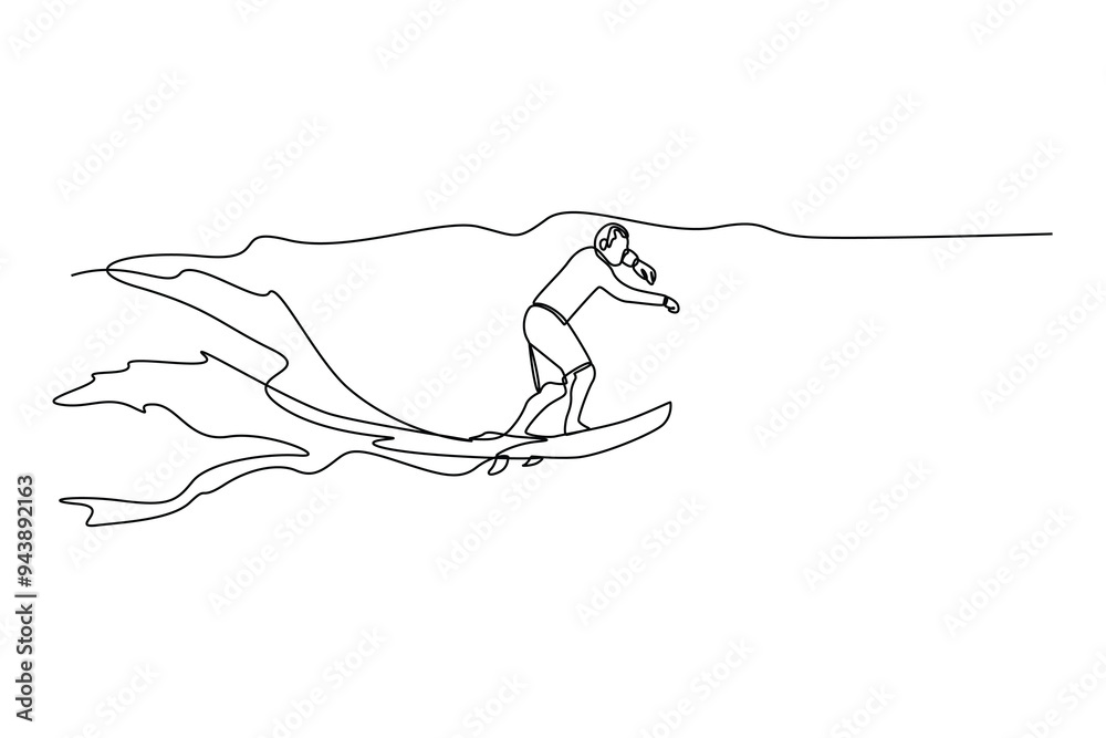 One single line drawing of young man surfing on the beach. Individual ...