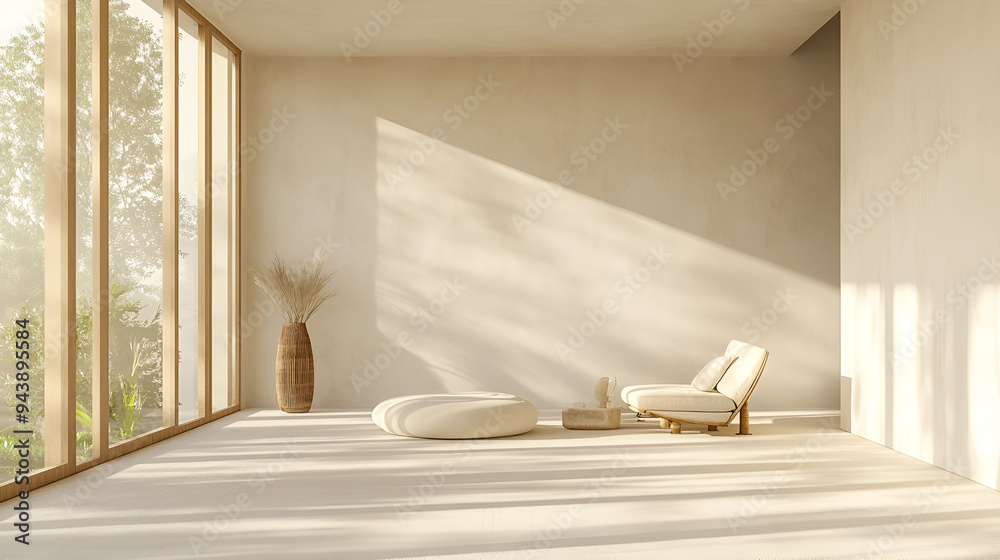 una sala de una casa estilo boho con ventanales minimalistas y ...