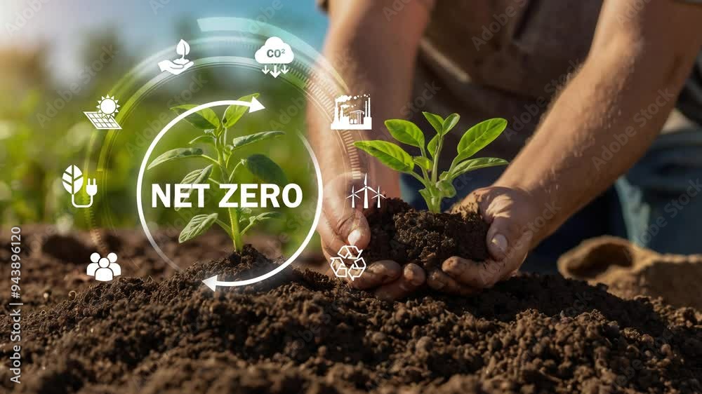 Hand of human holding green young plant with net zero icon. Net zero ...