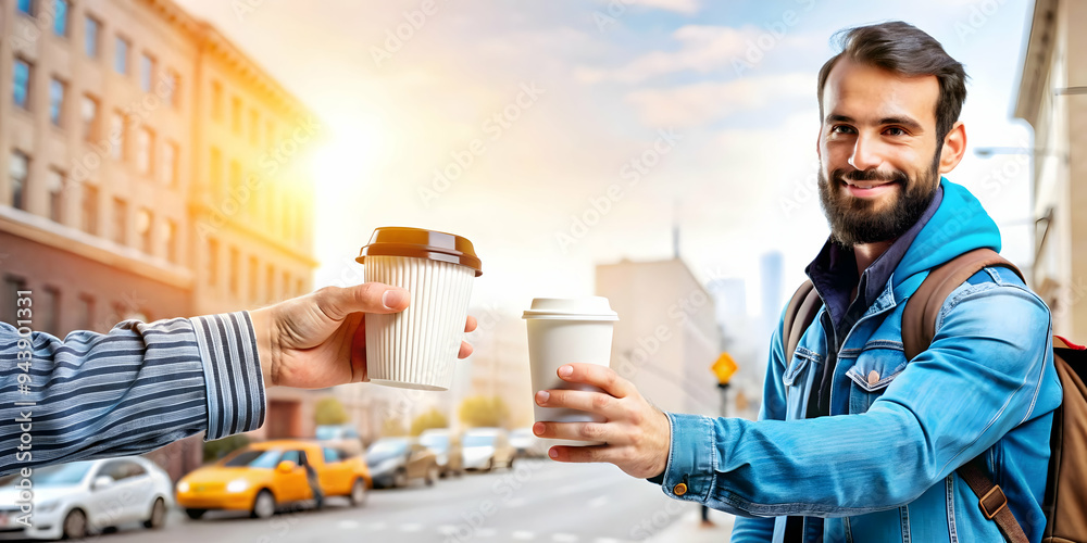 Man grabbing a coffee from a street vendor during a morning walk ...
