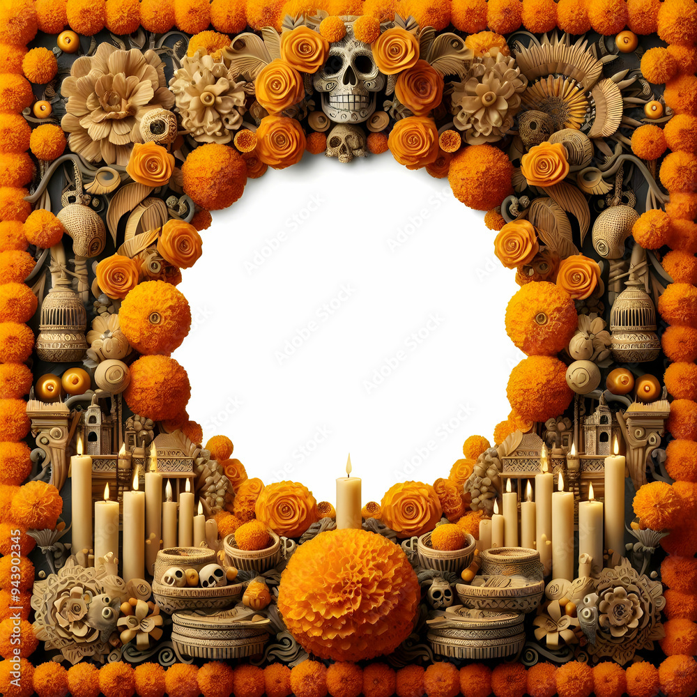Ofrenda and Marigold Flower Border with Copy Space concept as A border ...