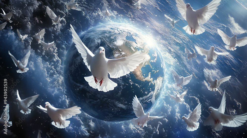 el mundo el planeta tierra rodeado de palomas simbolo de libertad y ...
