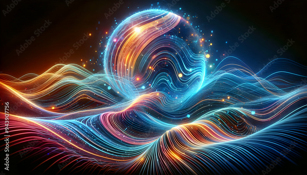 3D Glowing abstract wave patterns representing digital transformation ...