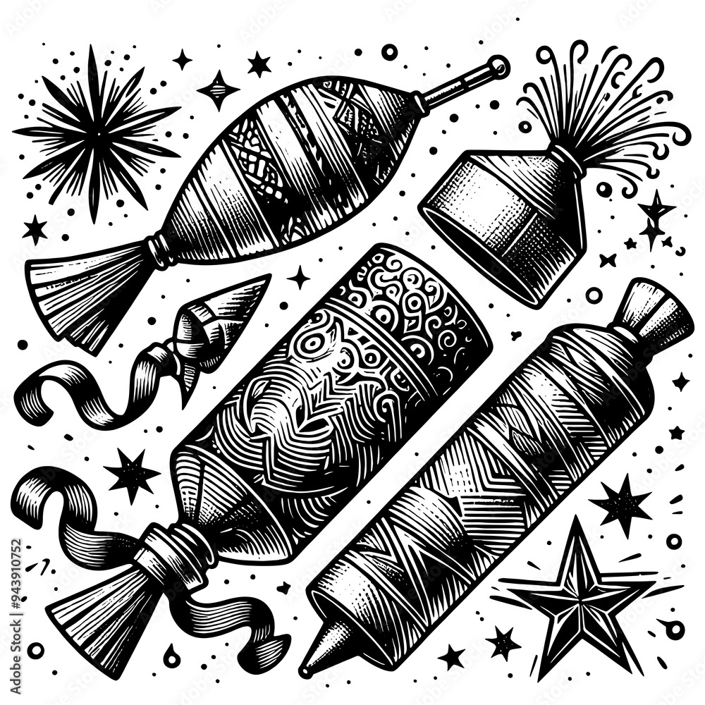firecrackers and explosives in a festive design, featuring stars and ...