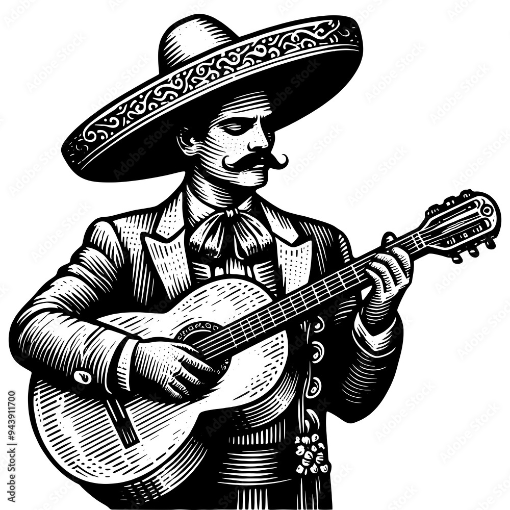 Mexican mariachi musician playing guitar, traditional sombrero and ...