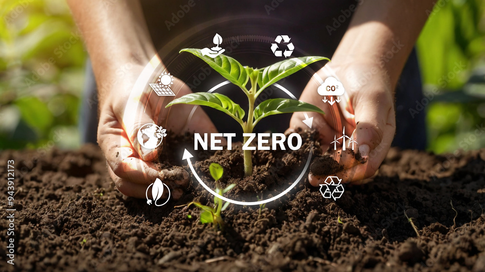 Hand of human holding green young plant with net zero icon. Net zero ...