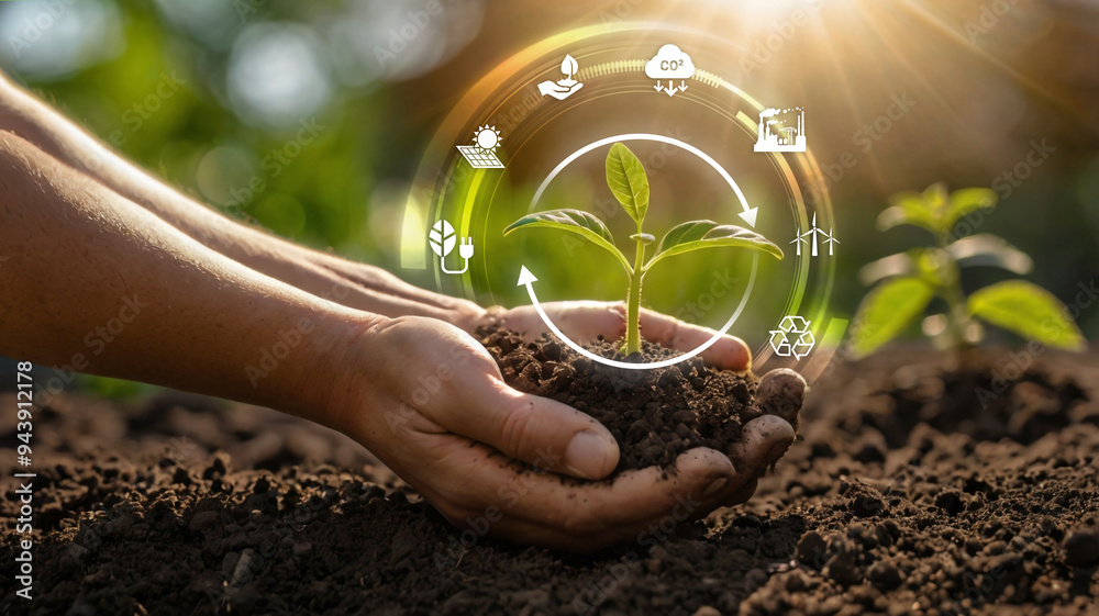 Hand of human holding green young plant with net zero icon. Net zero ...
