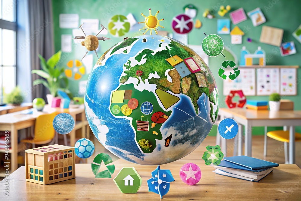 A colorful collage of recyclable materials, Earth globe, and learning ...