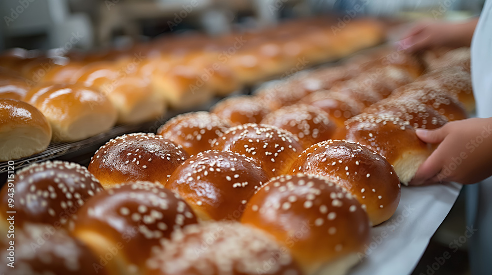 Rows of freshly baked buns with sesame seeds are lined up in a bakery ...