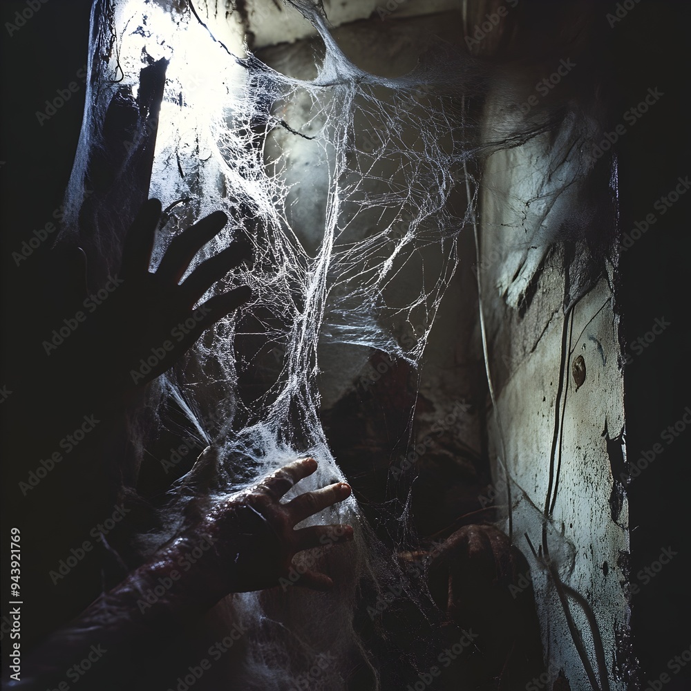 Ominous shadows loom in the creepy cobweb covered crawlspace of an ...
