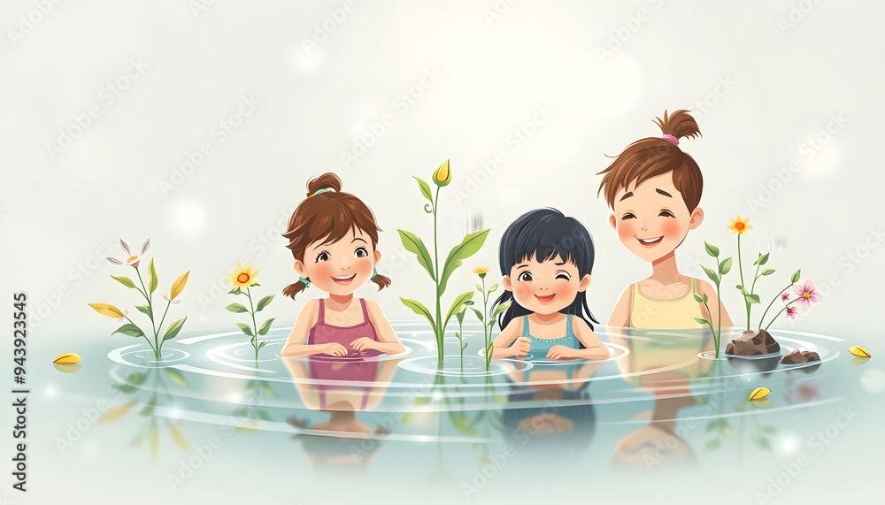 Familie und Kinder plantschen im Wasser isolated with white highlights ...