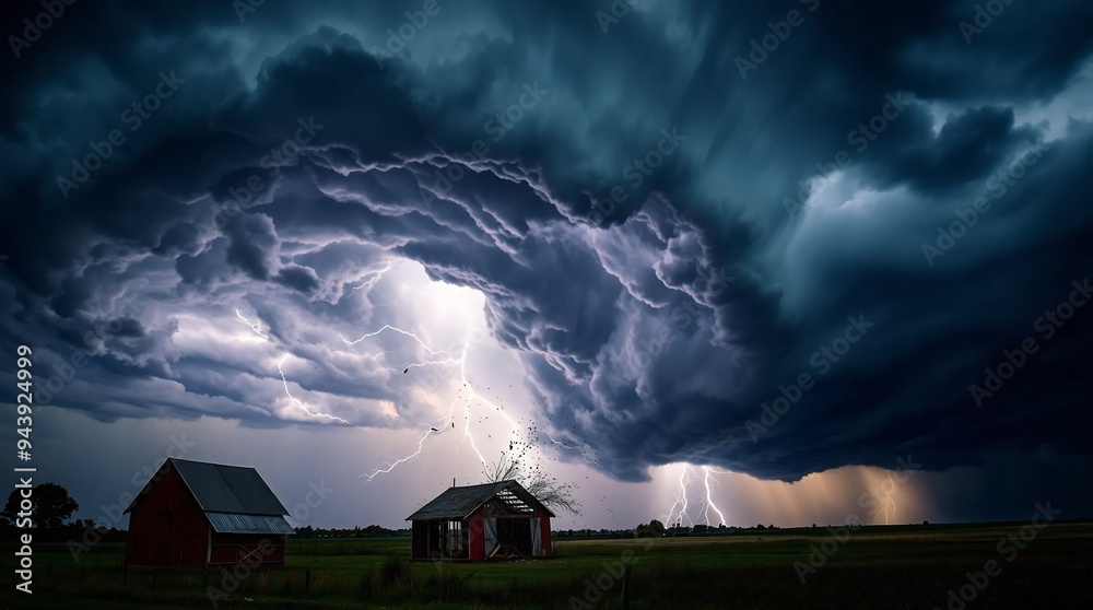 Incredible supercell thunderstorm with a dramatic, swirling sky full of ...