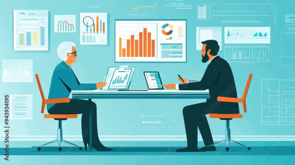 Two professionals engage in a financial consultation, reviewing charts ...