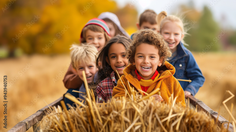Kids on a Hayride to School: Kids riding on a hay wagon, excited for a ...